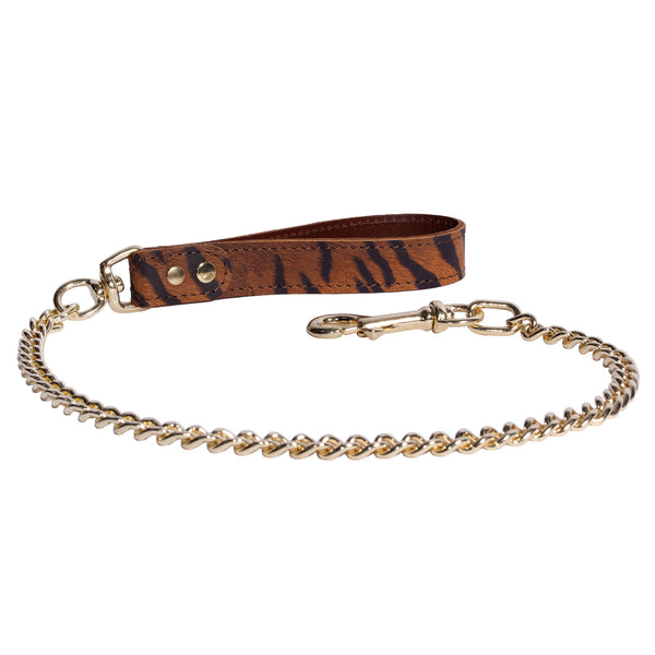 Tiger Print Leather BDSM Chain Leash with Gold-Plated Hardware | Thais ...